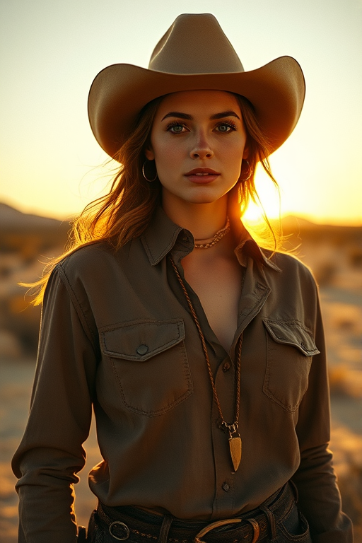 Portrait of a Confident Cowgirl in a Desert Sunset Landscape.