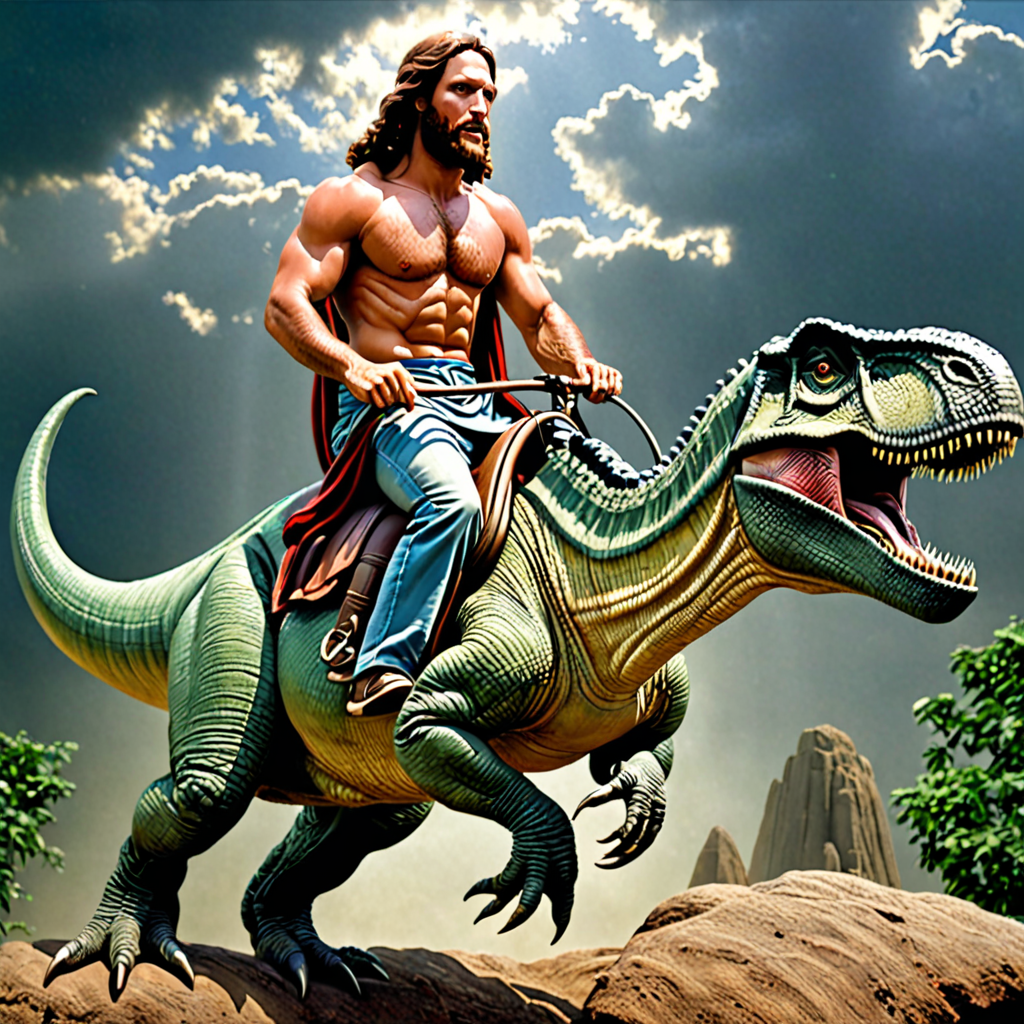 Hyper realistic photo dinosaur riding a jesus