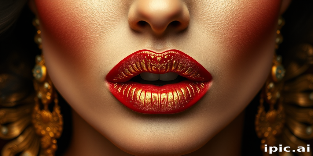 Close-Up of a Glamorous Face with Striking Red and Gold Lips