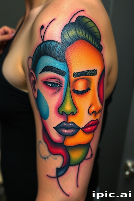 Vibrant Abstract Tattoo Featuring Two Faces with Colorful Geometric ...