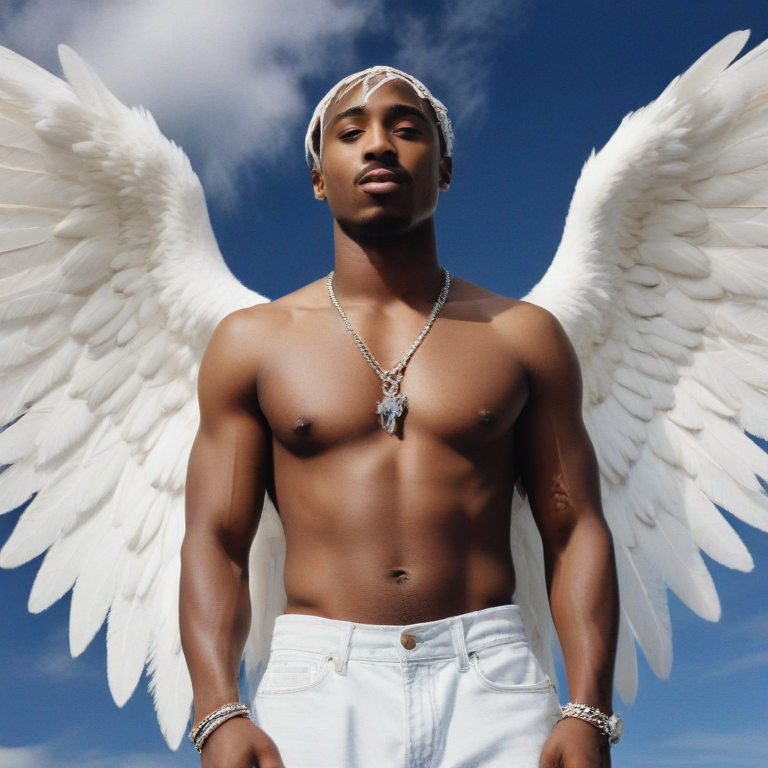 Tupac Shakur standing in heaven with angel wings