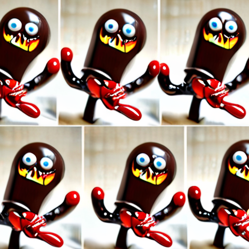 Giant horror chocolate with lava melting on arms and red eyes