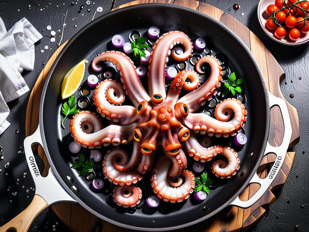 Beautifully Cooked Octopus Garnished with Fresh Vegetables on a Pan
