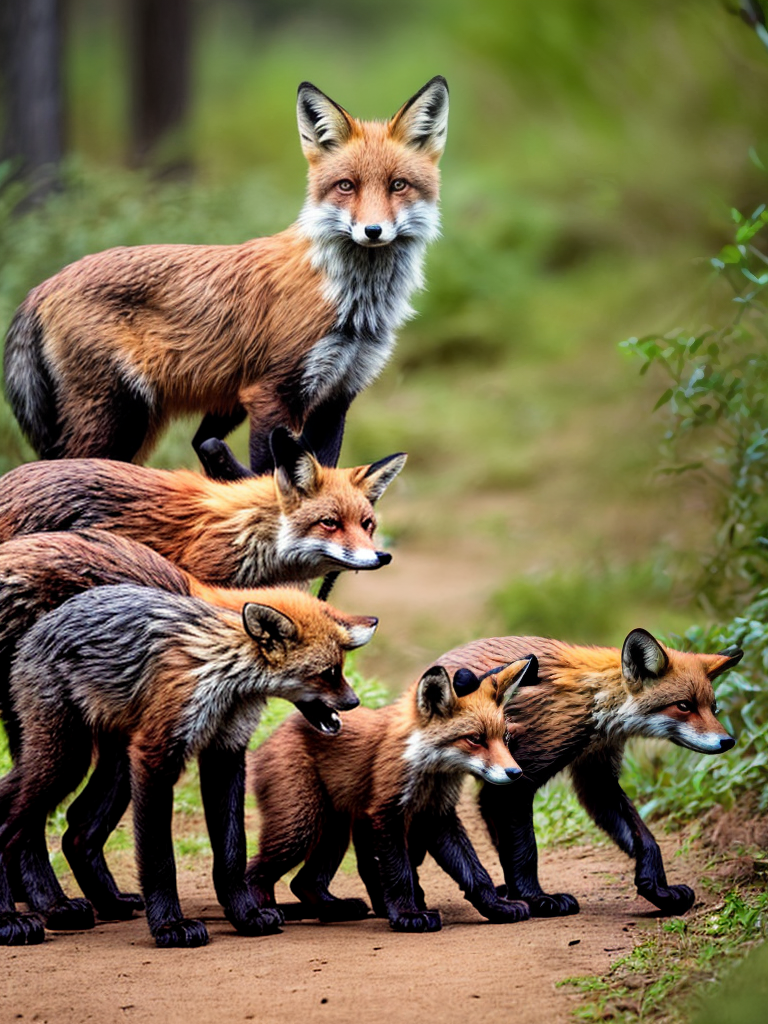 Fox in the forest with her cubs