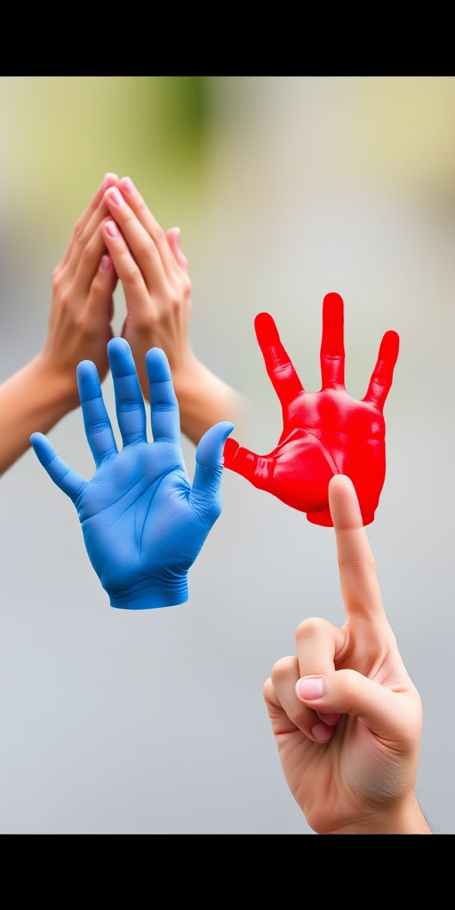 Creative Hands in Color: Blue and Red Representing Unity and Diversity