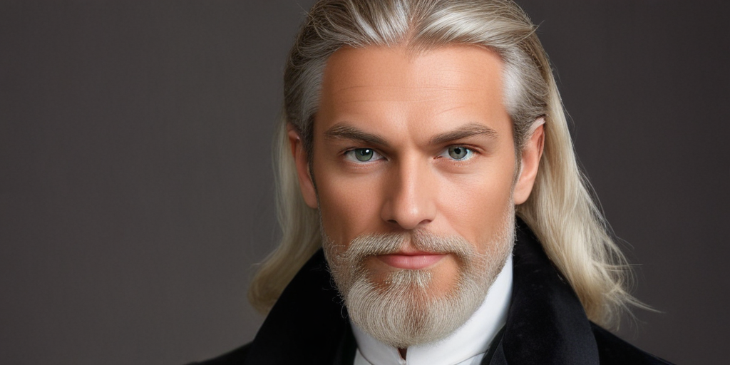 Masculine Elder Tudor Duke, blonde greying hair & beard green eyes