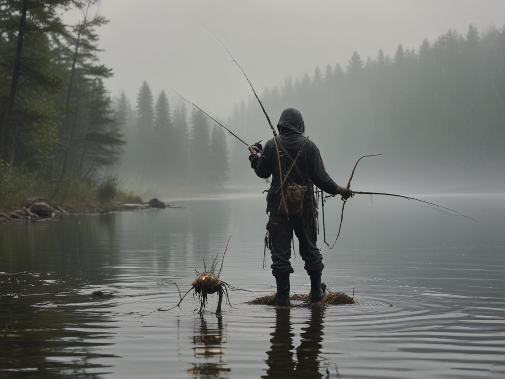 dark apocalyptic zombies undead zombie fishing with rod at lake