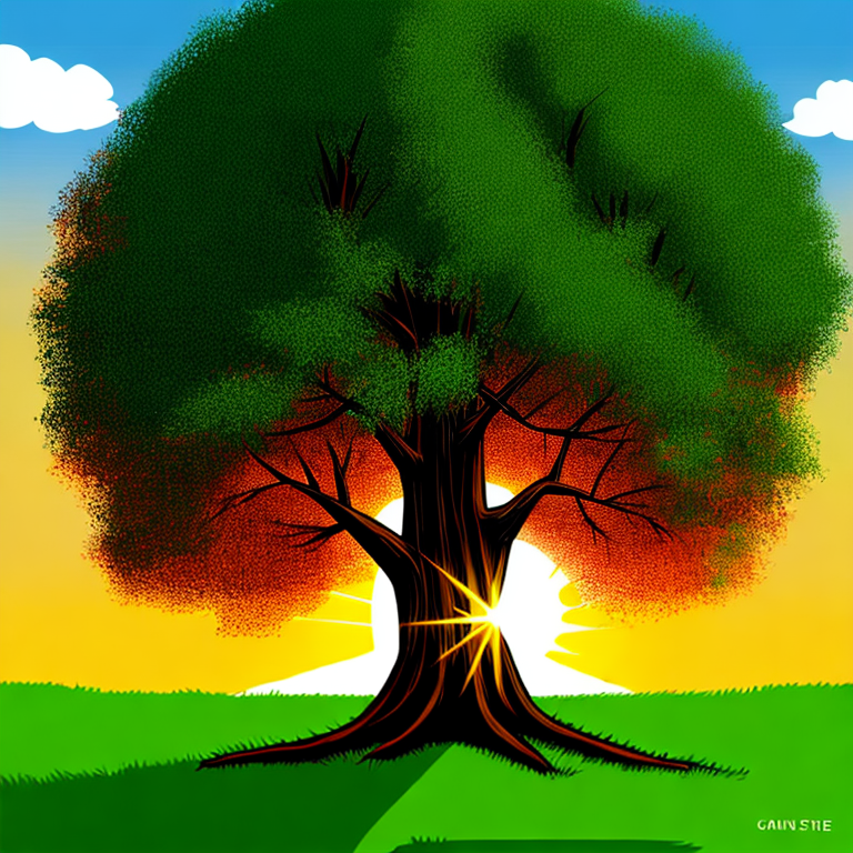 the sun's rays warm the tree, cartoon style