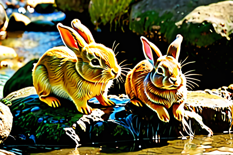 brown piglet and yellow rabbit sitting closely together near flowing ...