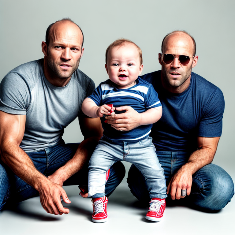 Baby with Jason Statham face and two men all with faces of Jason Statham