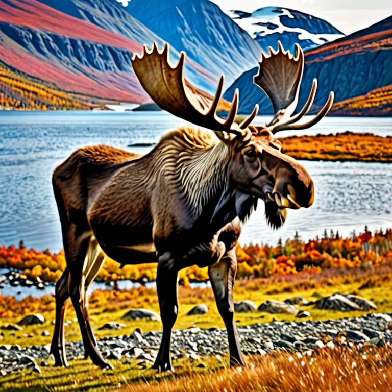 realistic moose on a valley near the fjord with the background of a ...