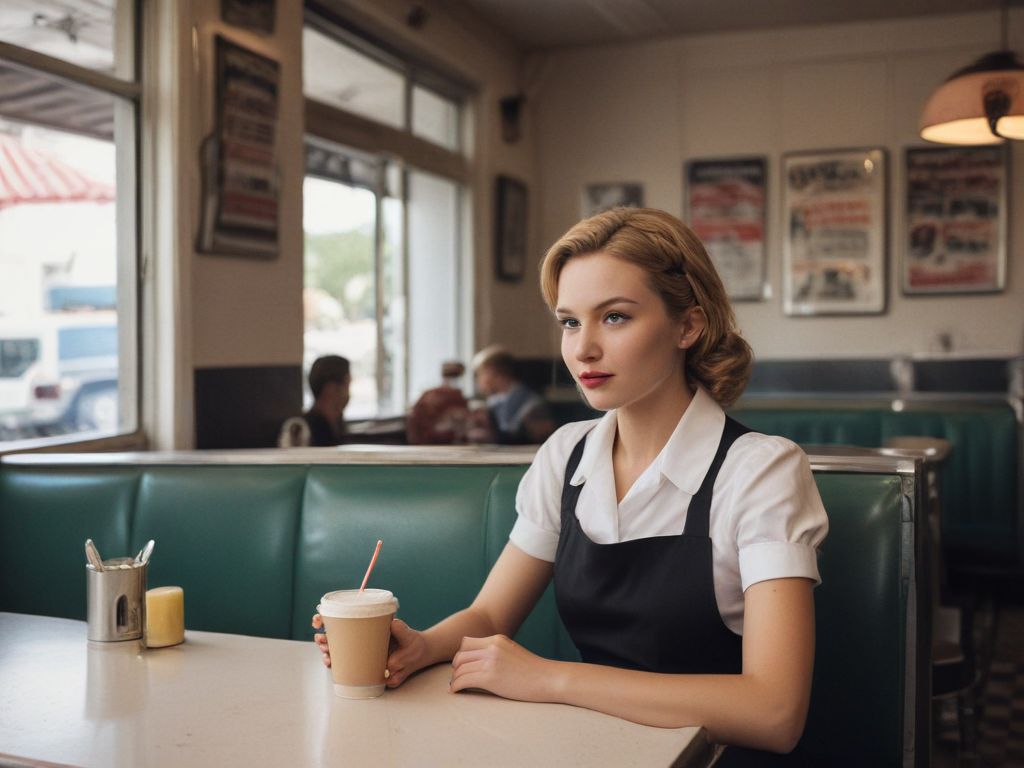 a typical american diner with a faceless waitress