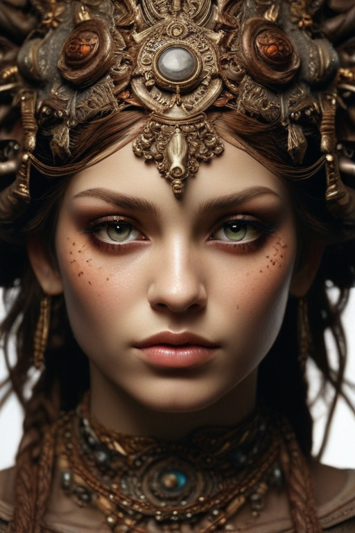 Intricate Portrait of a Woman Adorned with Ornate Jewelry and Accessories