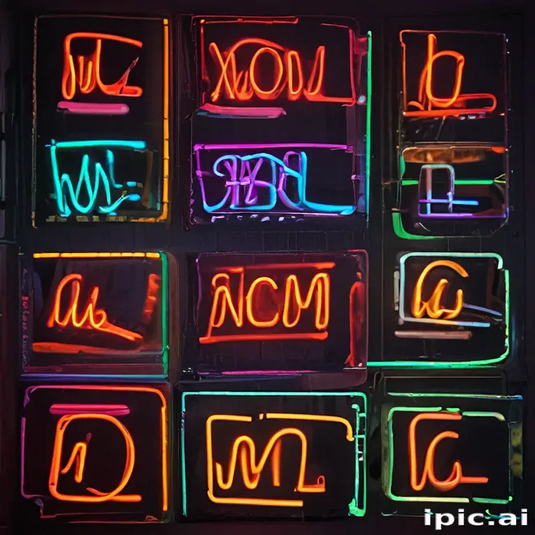 Colorful Neon Signs Displaying Abstract Letters and Shapes in a Grid