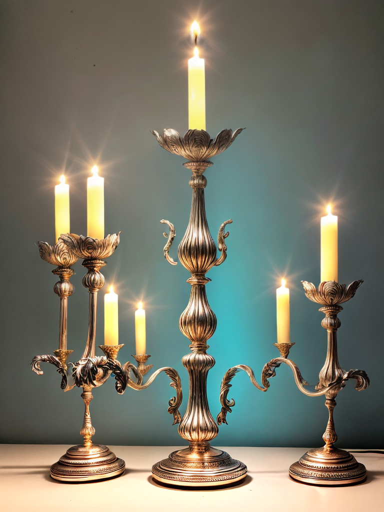 Very ornate silver candelabrum with lit candles