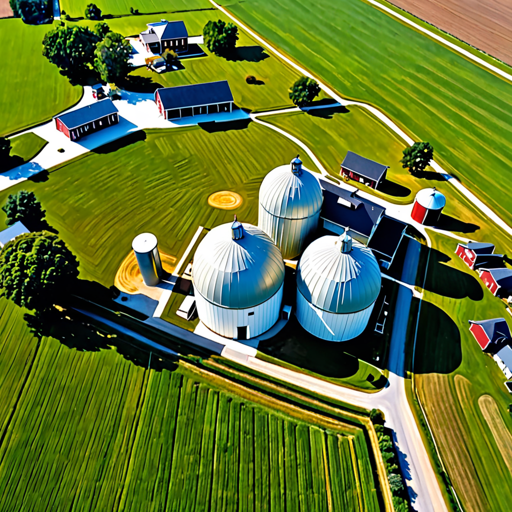 farm, birds eye view, barn, house, open area, silo, house