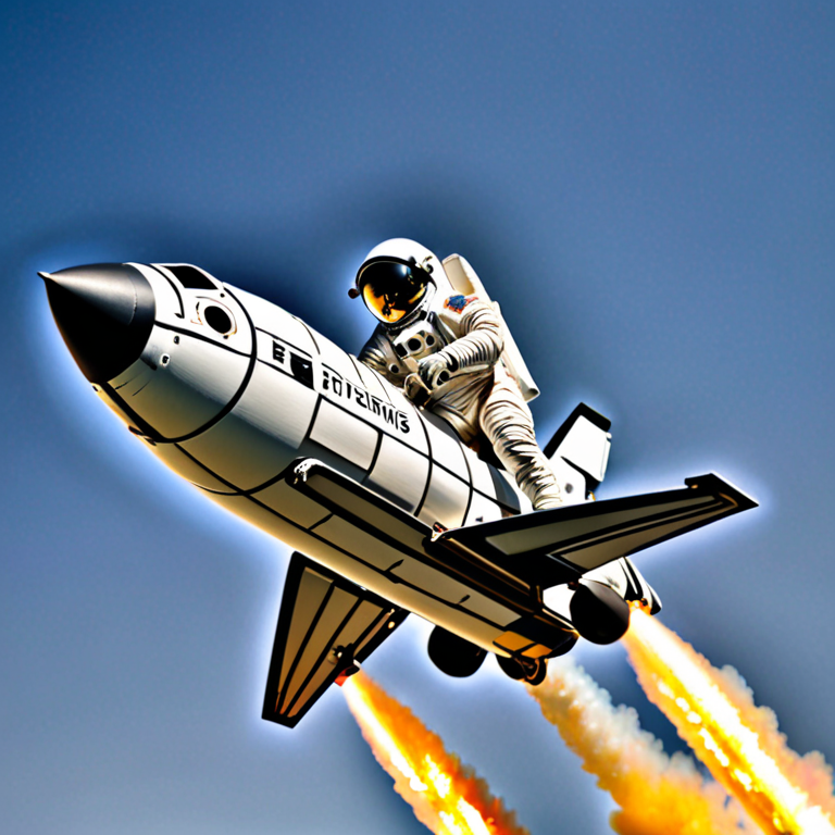 Side view of an astronaut riding a rocket ship