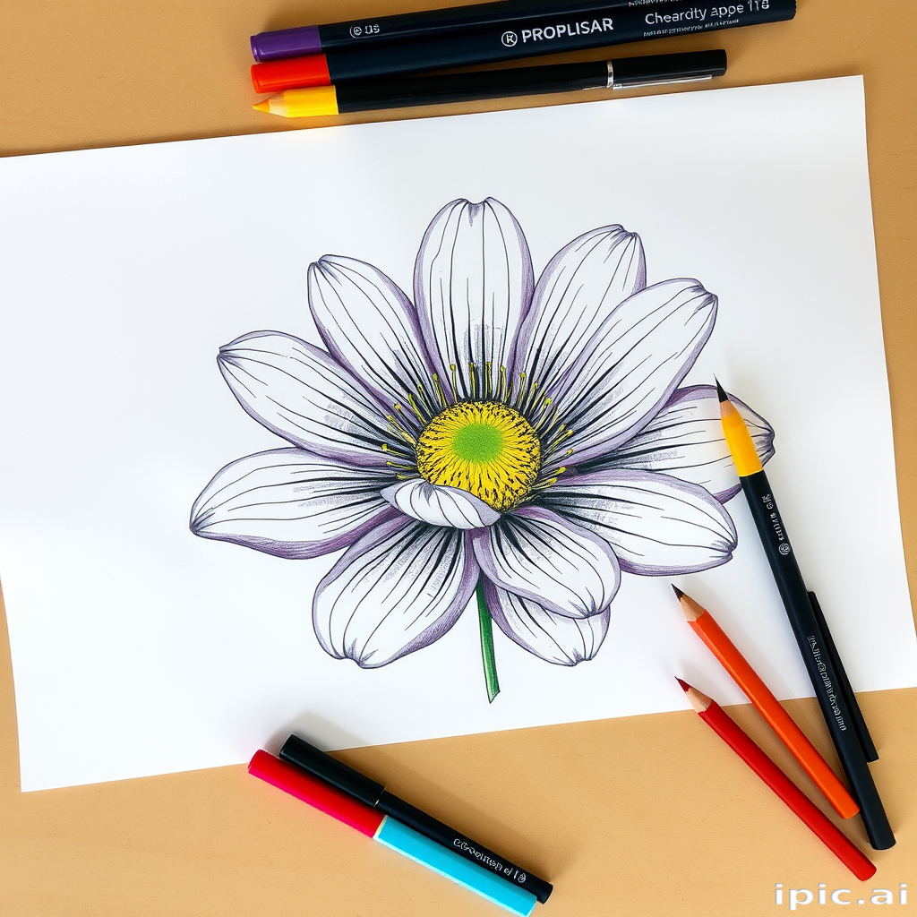 Colorful Flower Illustration Surrounded by Vibrant Art Supplies and Markers