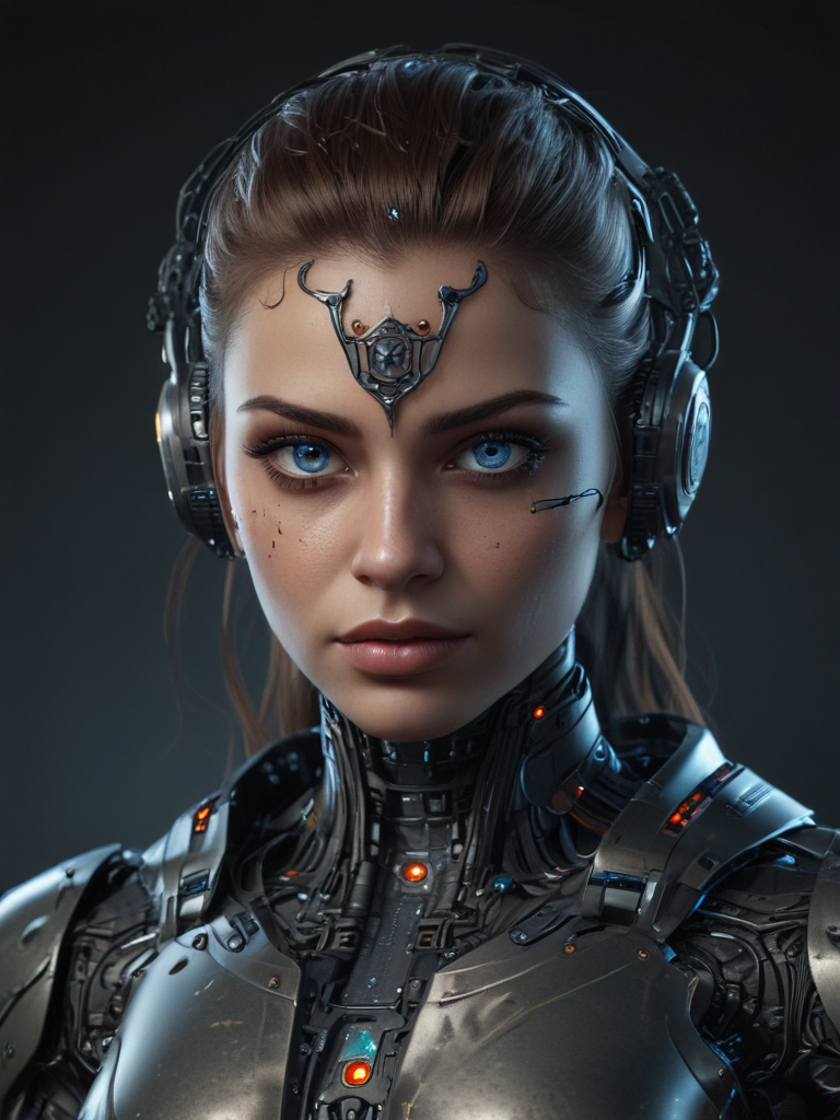 Futuristic Cyborg Woman with Glowing Blue Eyes and Metallic Armor