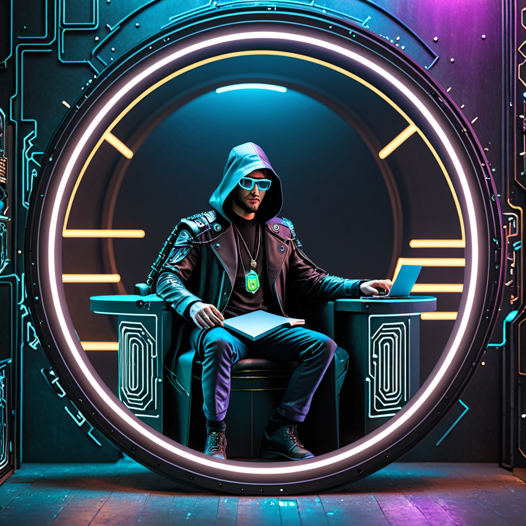 Create a unique 3D art of a cyberpunk wizzard who is seated inside a ...