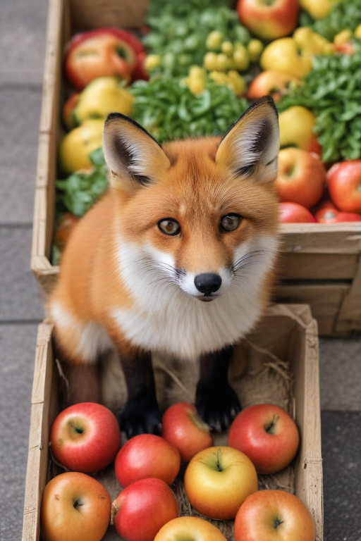 Cute fox sitting on top of the apples at the market