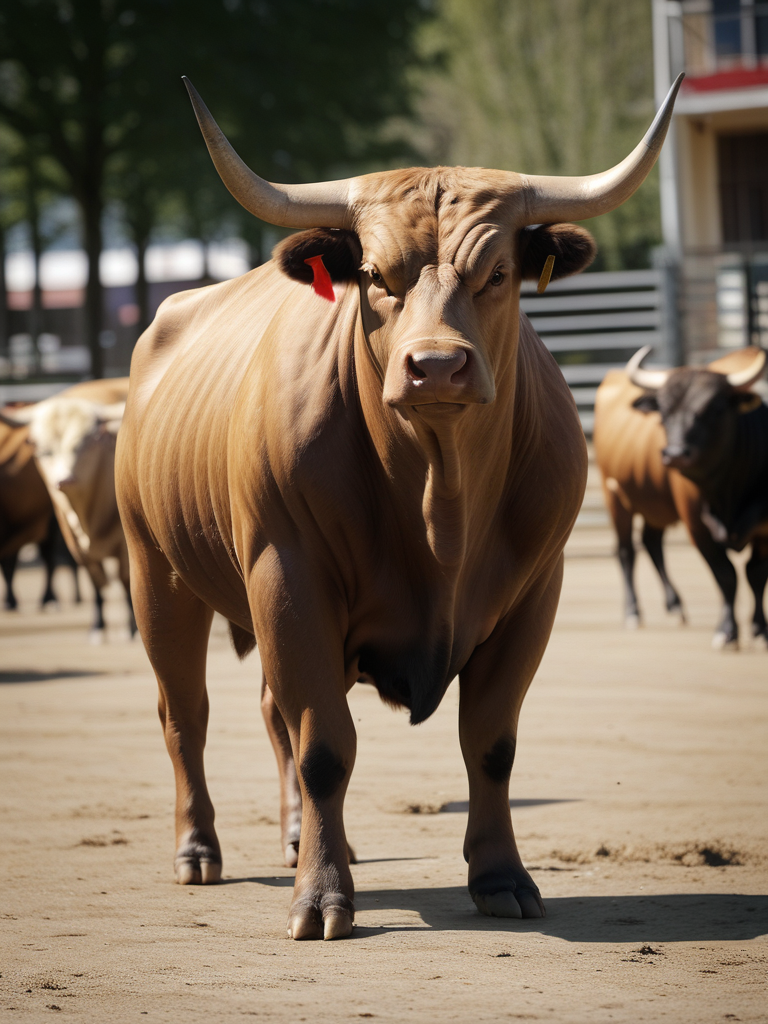 A Strong Brown Bull Standing Proudly Amongst a Herd of Cattle.