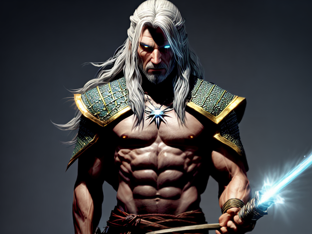 create a male wizard character, long white hair, with a staff emitting ...