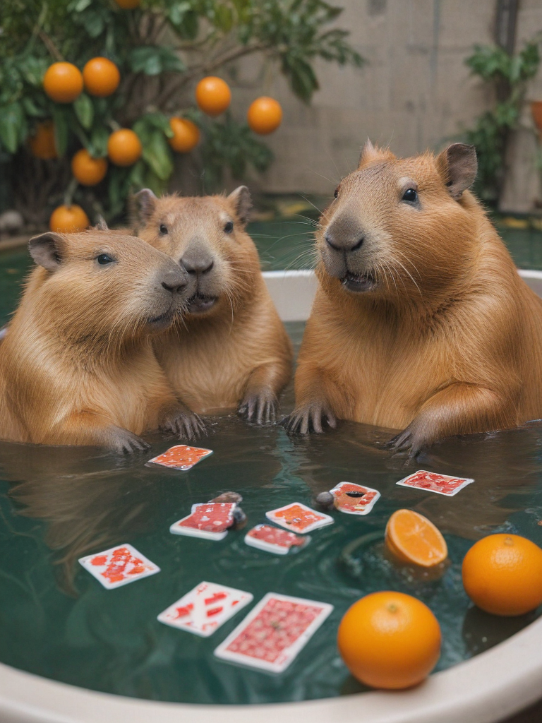 three capybaras gambling with cards playing poker surrounded by oranges ...
