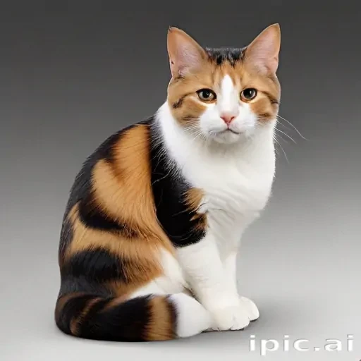 Charming Tri-Color Cat Sitting Gracefully Against a Soft Gray Background