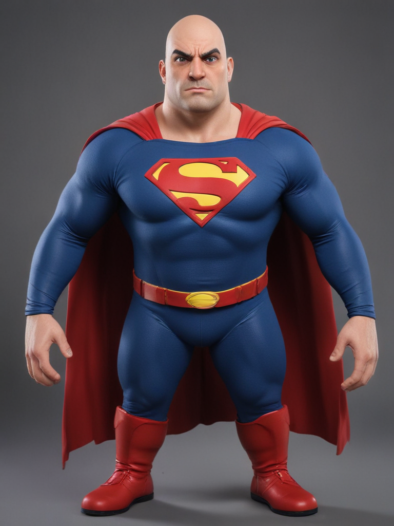 Realistic, angry face, chubby bald guy, realistic superman costume and ...