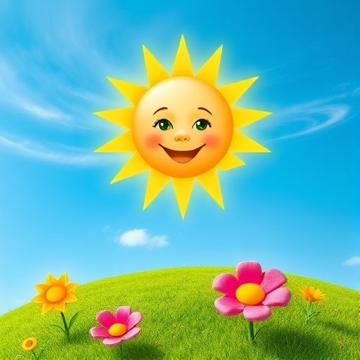 A Cheerful Cartoon Sun Shining Brightly Over a Colorful Flower Field.