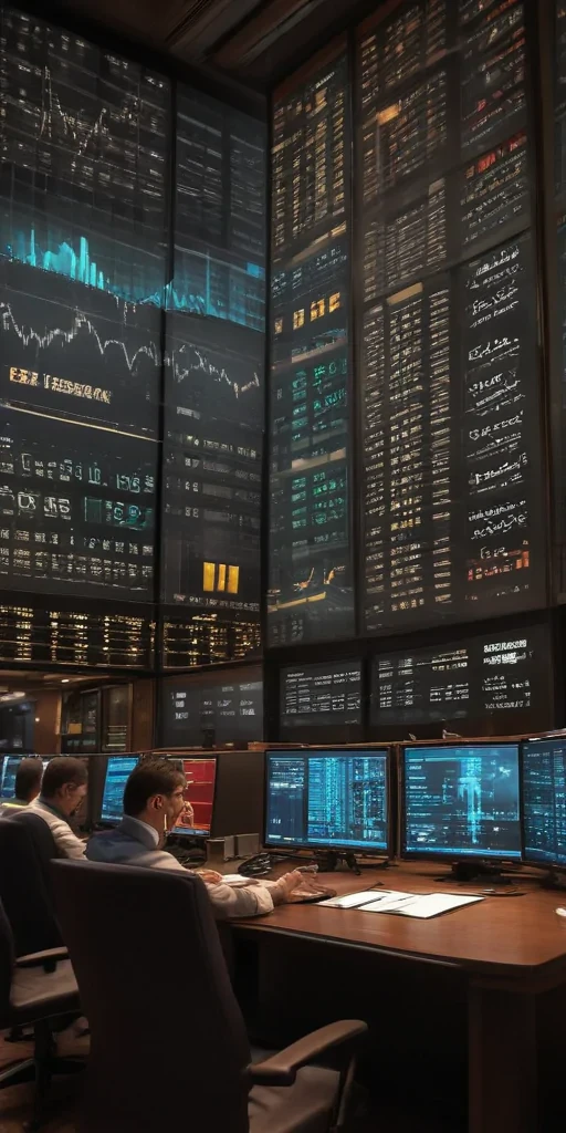 High-Tech Trading Floor with Multiple Monitors Displaying Stock Market Data