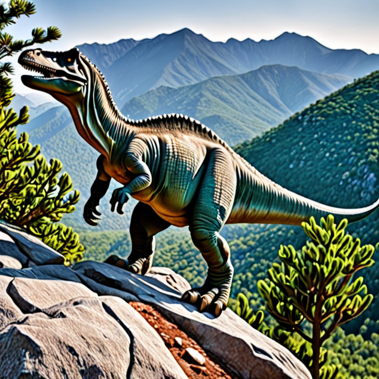 a dinosaur climbing a mountain