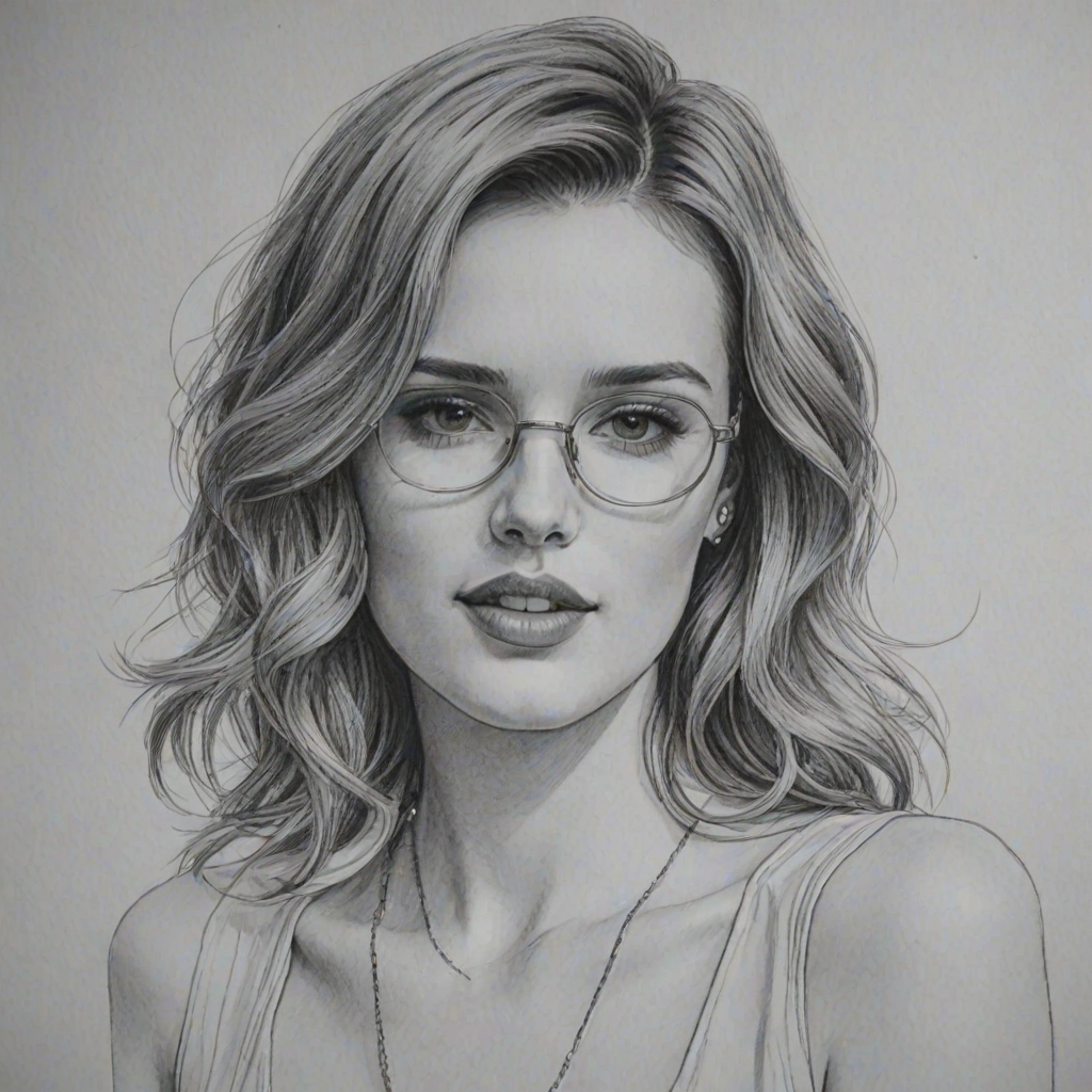 A Realistic Pencil Drawing of a Young Woman with Glasses and Wavy Hair