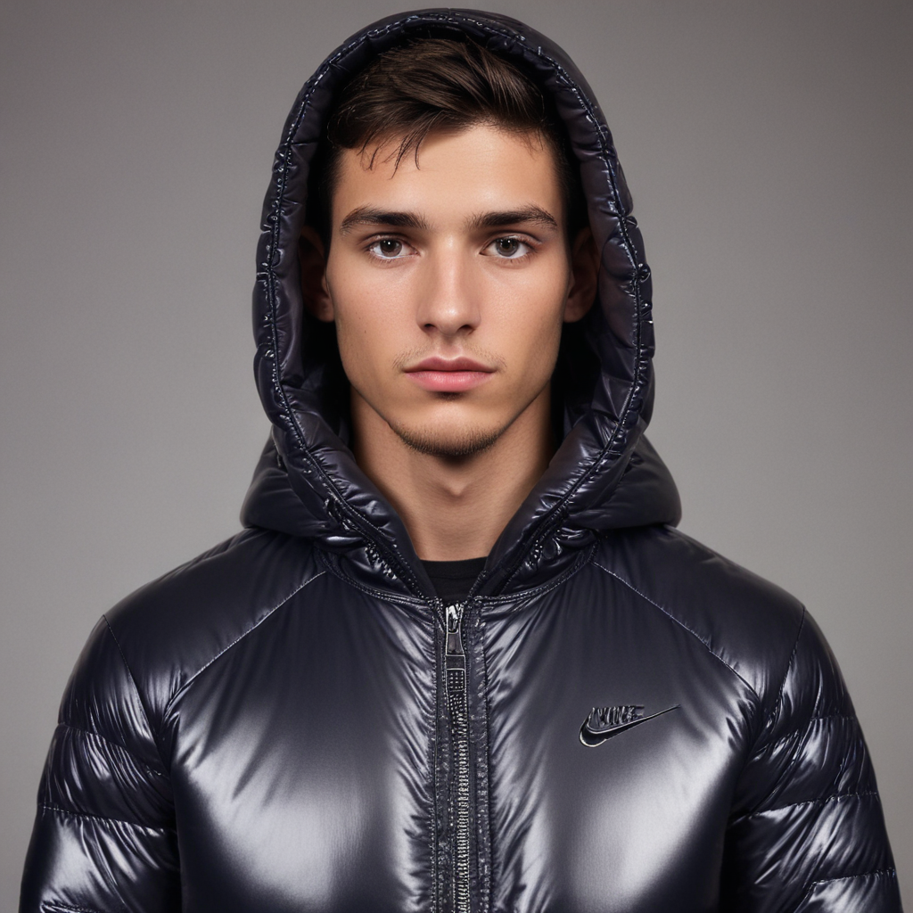 Male supermodel nike shiny puffer jacket bling jewellery hood basketball