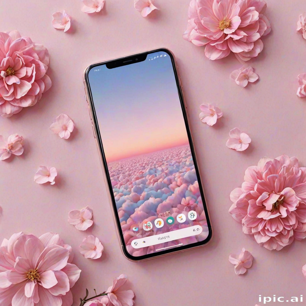 Beautiful Floral Background with a Phone Displaying a Cloudy Sky