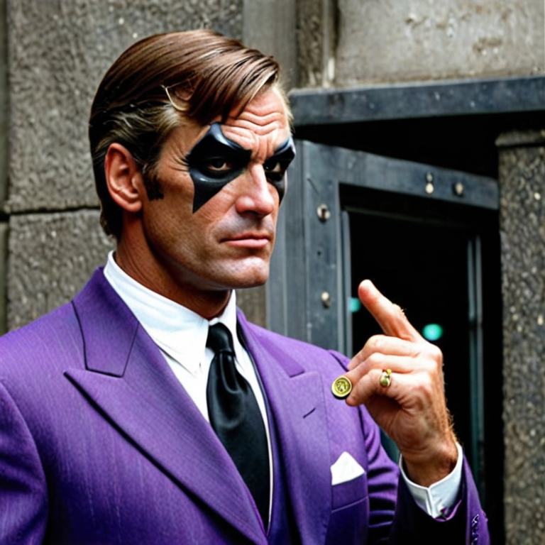 Two Face villain from Batman casually flipping a coin with his left hand