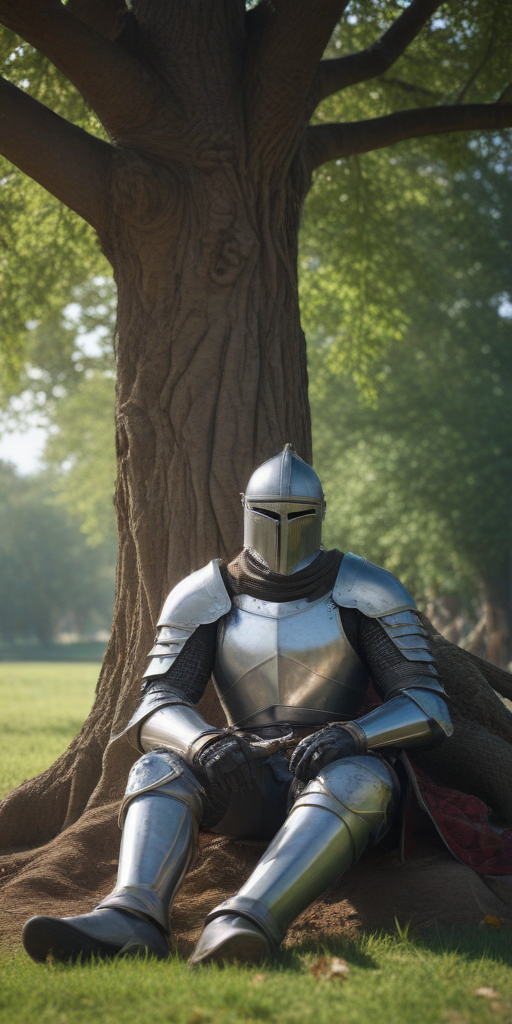 A knight resting under a tree after a long fight animated