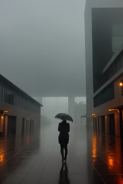 Solitary Figure with Umbrella in a Foggy, Rainy Urban Landscape