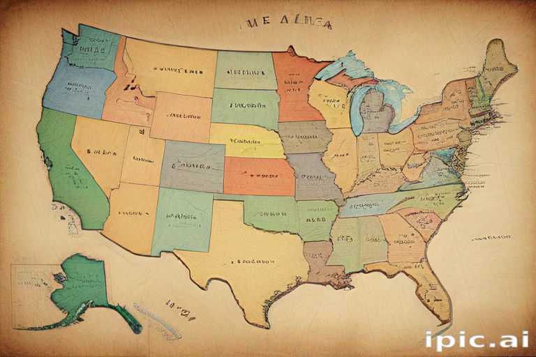 Colorful Vintage Map of the United States Displaying State Boundaries ...
