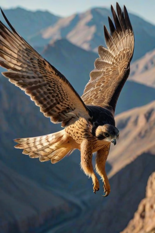 Majestic Hawk Soaring Gracefully Over Rugged Mountain Landscape at Dusk.