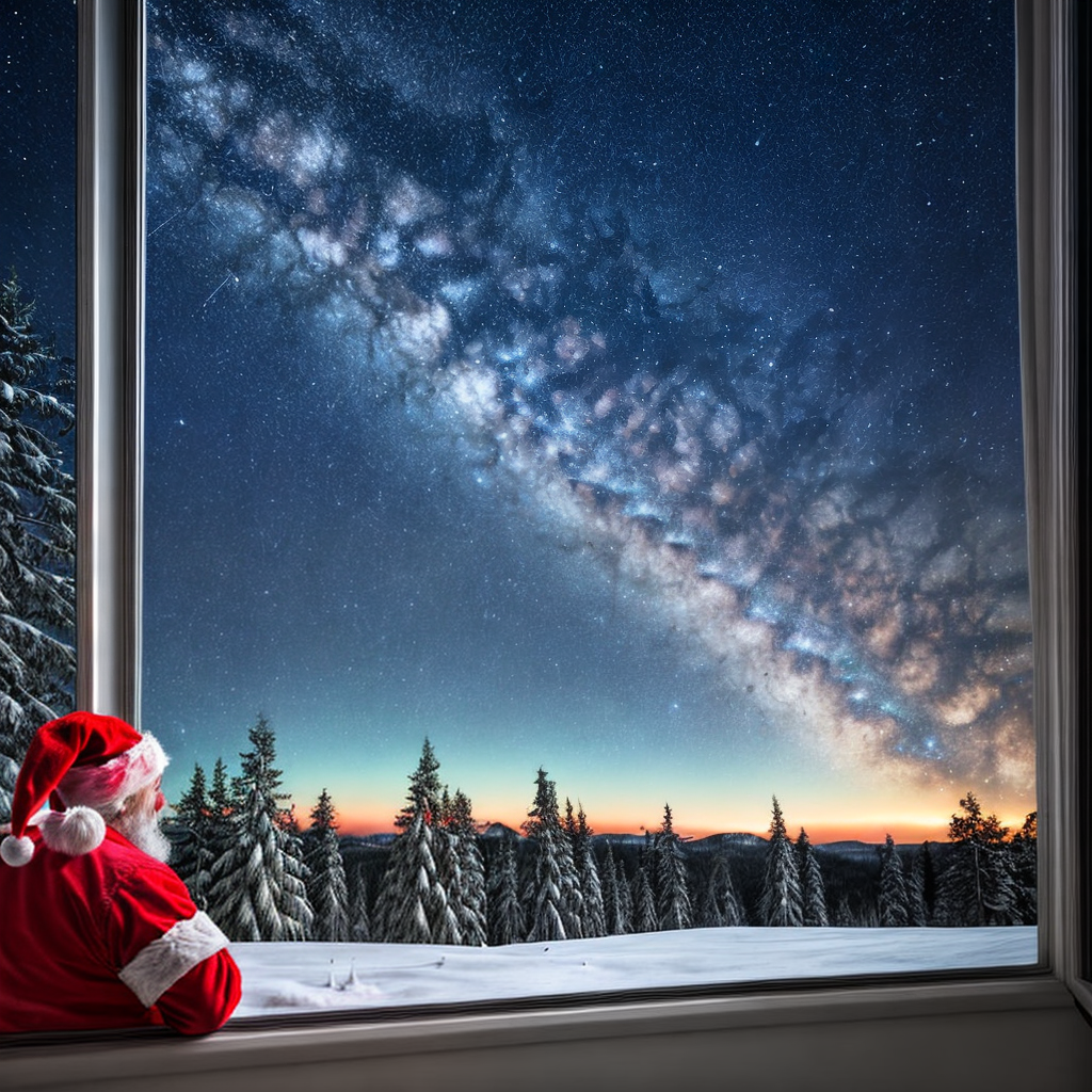 Santa Claus waking up looking out window in a snowy forested landscape ...