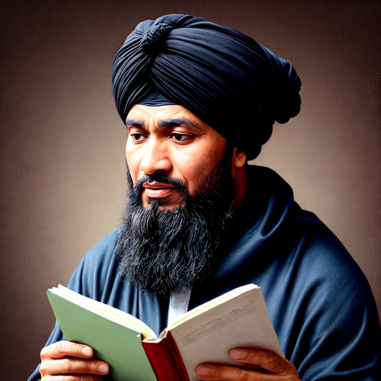 Prophet Muhammad in black turban tearing up the Quran