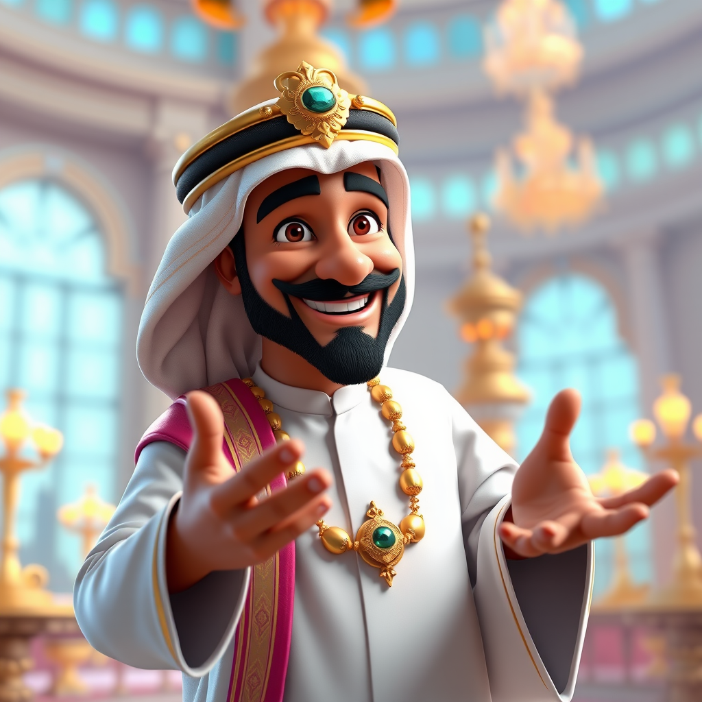 A Joyful Animated Character Welcoming Guests in a Lavish Palace Setting