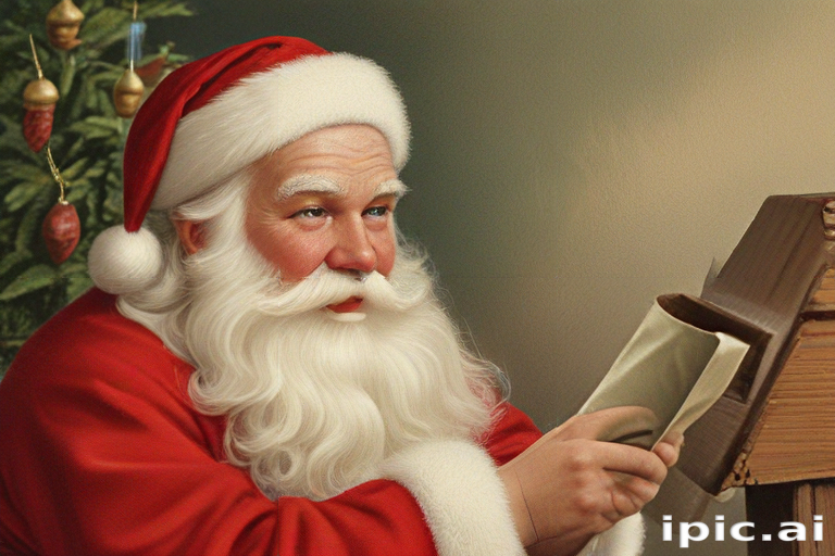 Santa Claus Reading Letters from Children by the Christmas Tree