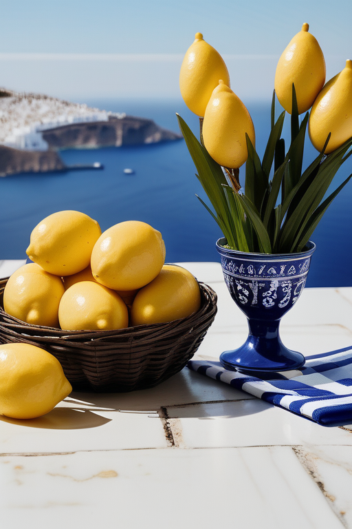 Vibrant Yellow Lemons in a Basket with Scenic Coastal Background