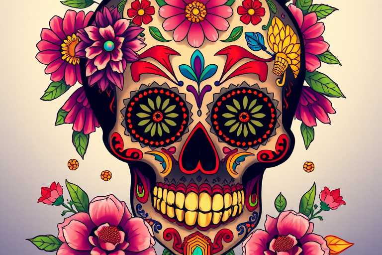 Colorful Sugar Skull Surrounded by Vibrant Flowers in Artistic Celebration