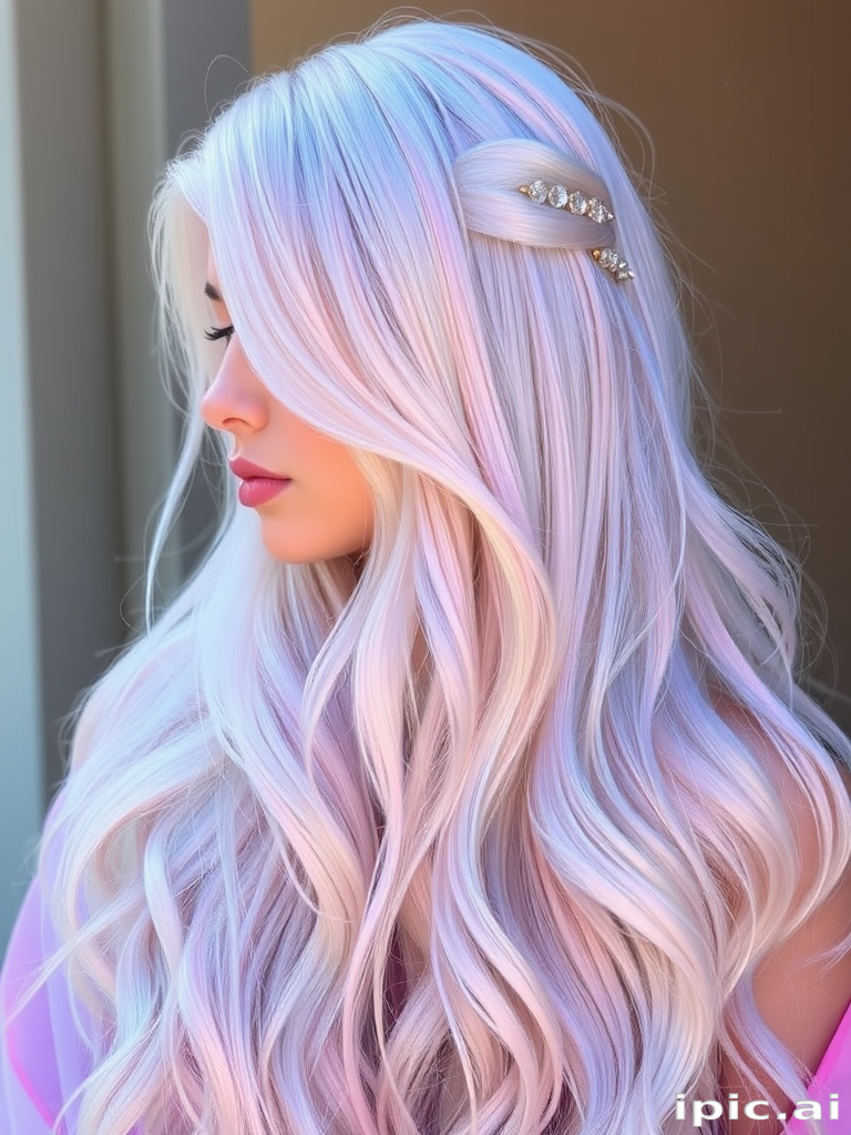 Elegant Woman with Long, Flowing Pastel Hair and Sparkling Hairpin