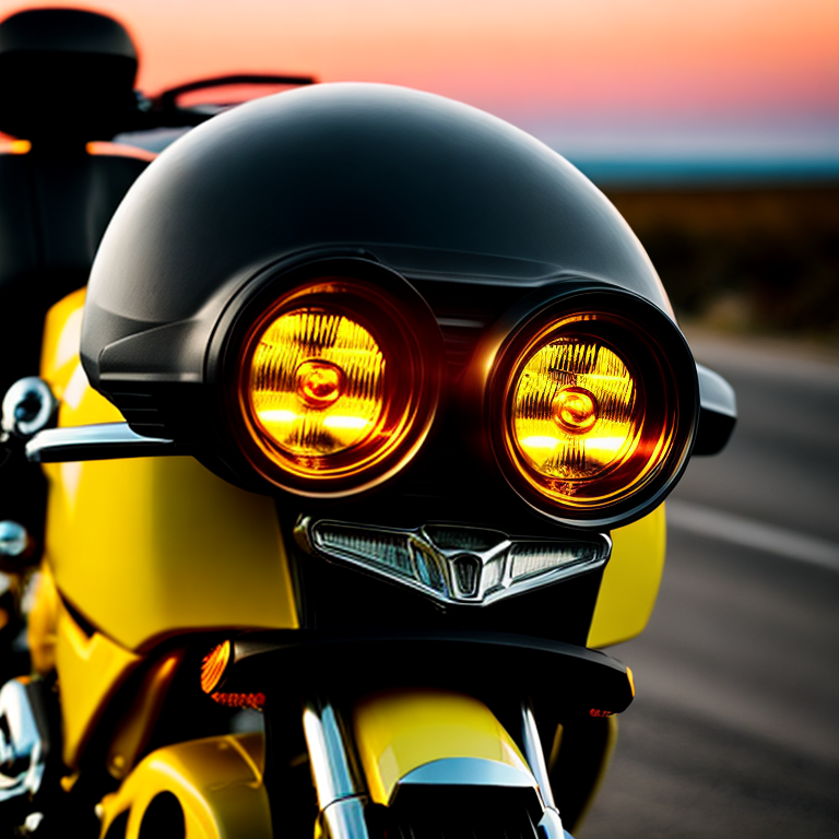 Large motorcycle headlight round yellow light glowing out of it