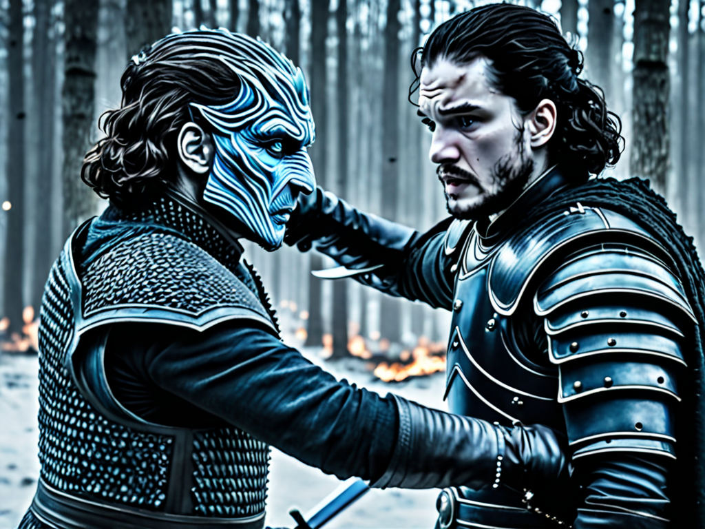 Create a portrait similar to a real scene from Game of Thrones showing ...